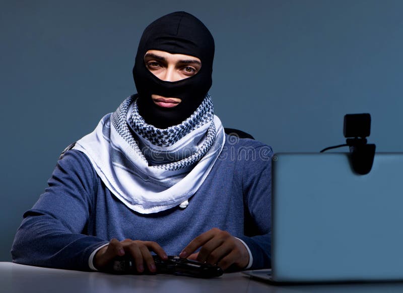 Hacker Wearing Balaclava Mask Hacking Computer Stock Image - Image of ...