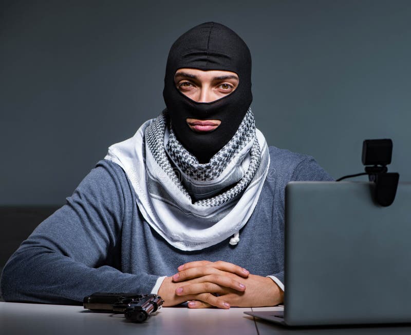 Hacker Wearing Balaclava Mask Hacking Computer Stock Photo - Image of ...