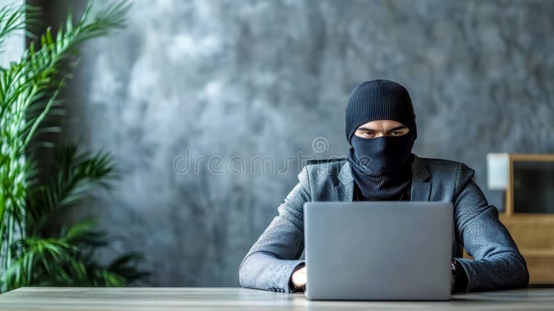 Hacker Wearing Balaclava Sitting at Desk Using Laptop Computer Stock ...