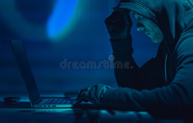 Hacker in Front of His Laptop Computer Stock Image - Image of gloves ...