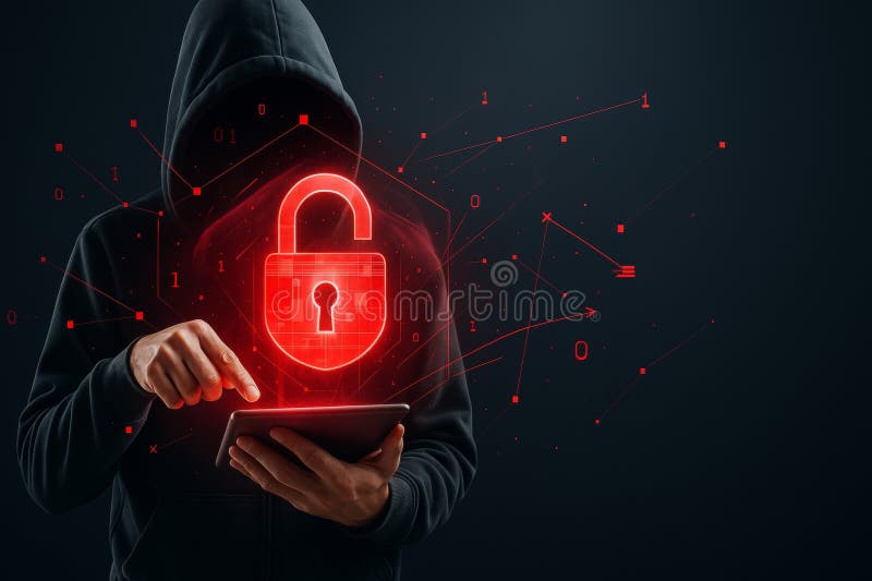 Hacker Wearing a Black Hoodie is Using a Tablet, Breaking through ...