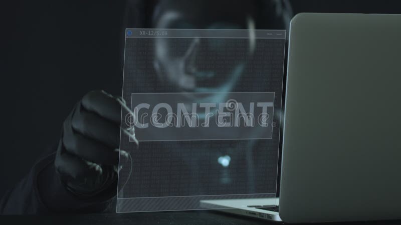 A Hacker Wearing Black Mask Pulls CONTENT Tab from a Laptop. Hacking ...
