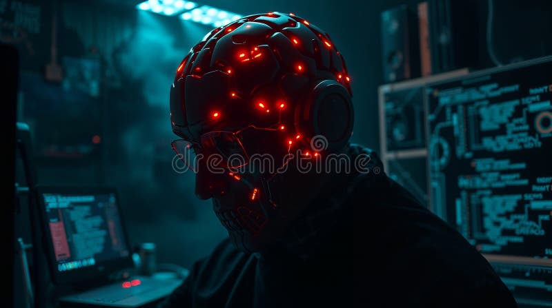 Hacker Wearing Brain Computer Interface Working on Laptop and Computer ...