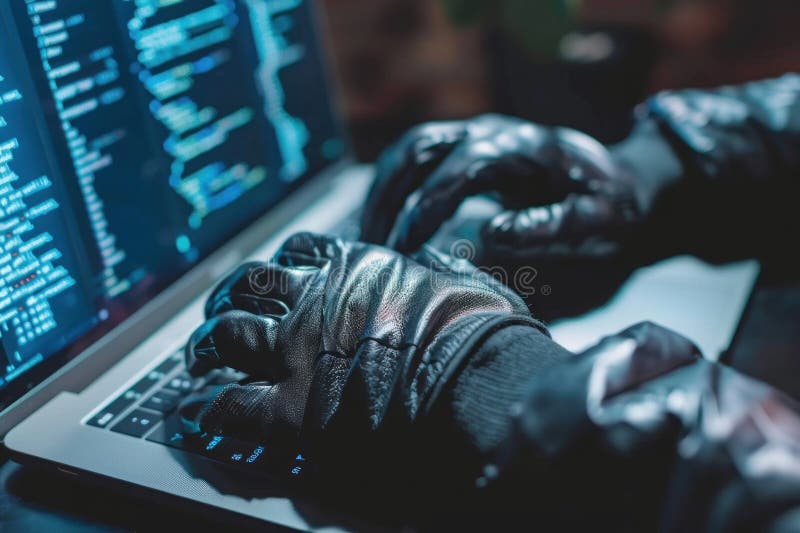 A Hacker Wearing Gloves is Typing on a Laptop Keyboard Stock Photo ...