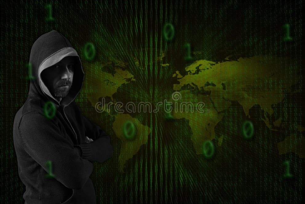 Hacker Wearing a Hood Over a Binary Code and a Globe Stock Image ...