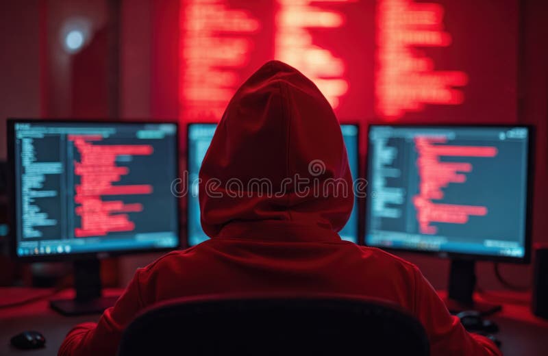 Hacker Wearing Hoodie Breaches Cybersecurity Using Computers at Night ...