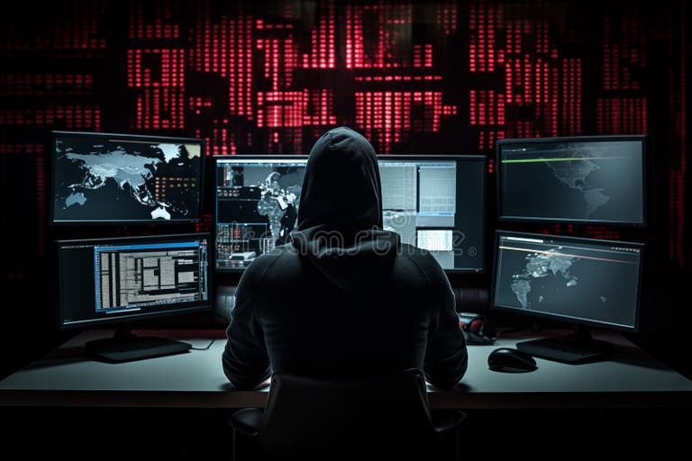 Hacker Wearing Hoodie Sitting in Front of Many Computer Screens ...