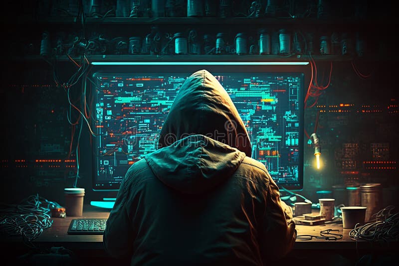 Hacker Wearing Hoodie Using a Computer Alone in a Room. Stock ...