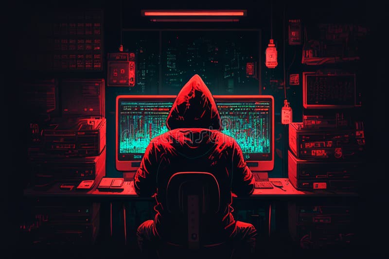 Hacker Wearing Hoodie Using a Computer Alone in a Room Stock ...
