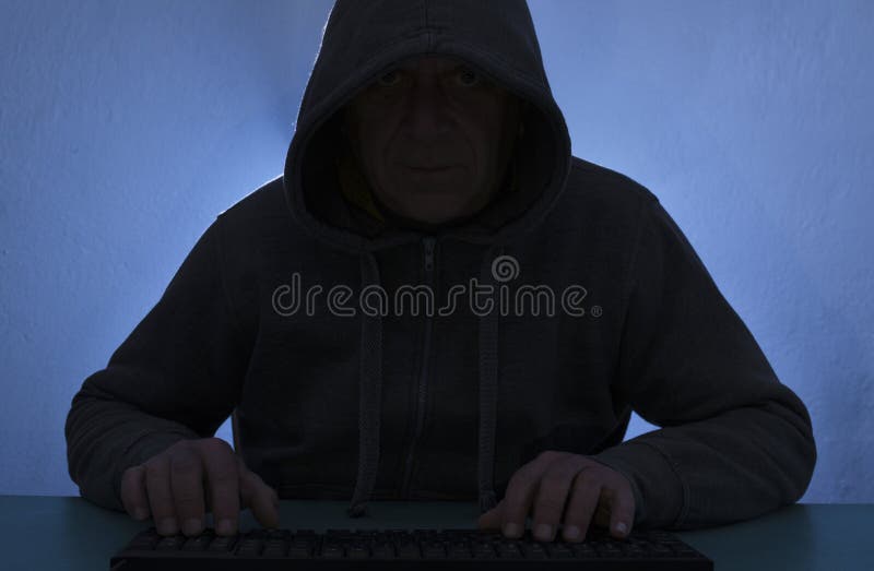 Hacker Wearing Hoodie, Using Dask Keyboard To Crack Computer, Blue ...