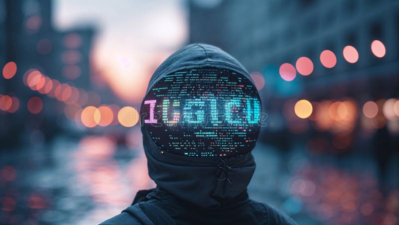 Hacker Wearing Led Mask Showing I See You Message and Computer Code in ...