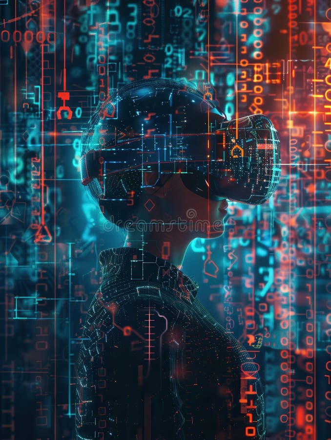 A Hacker Wearing a VR Headset Navigates a Vibrant Virtual World ...