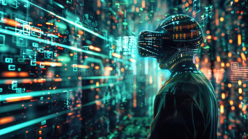 A Hacker Wearing a VR Headset Navigates a Virtual World Surrounded by ...