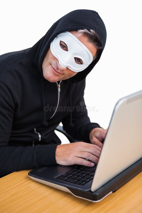 Hacker White Mask Using Laptop Looking Camera Stock Photos - Free ...