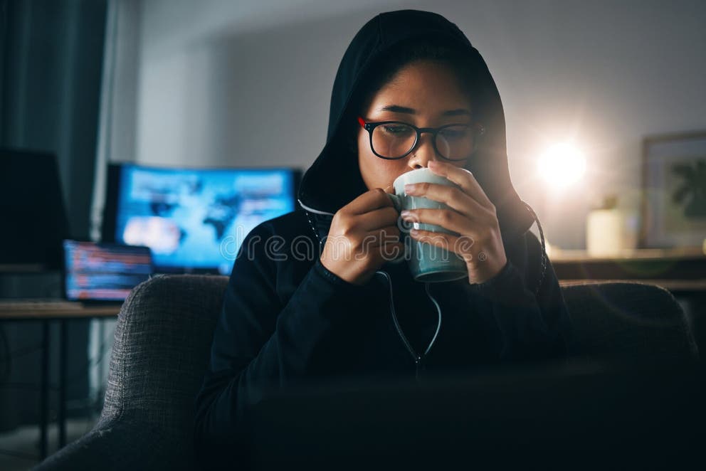 Hacker Woman, Coffee and Night for Coding, Thinking and Ideas for Cybersecurity, Data Phishing ...