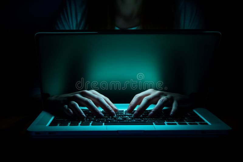 Hacker Woman Typing on Laptop Computer at Night Stock Illustration ...