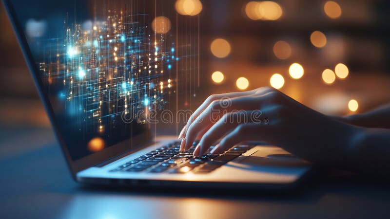 Hacker Woman Typing on a Laptop Notebook Acessing the Internet Network Grid in a Matrix Web ...