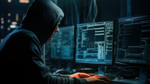 Hacker at Work in Dark Room GenerativeAI Stock Illustration - Illustration of identity, network ...