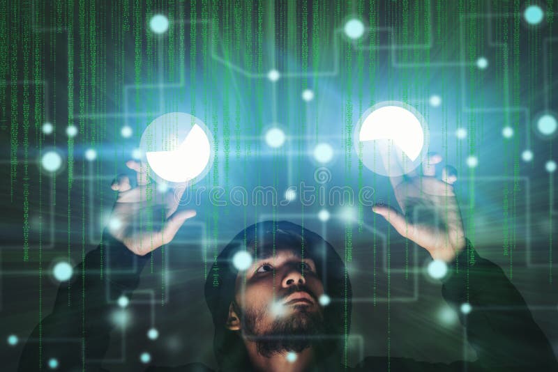 Hacker at Work with Graphical User Interface Around. Stock Illustration ...