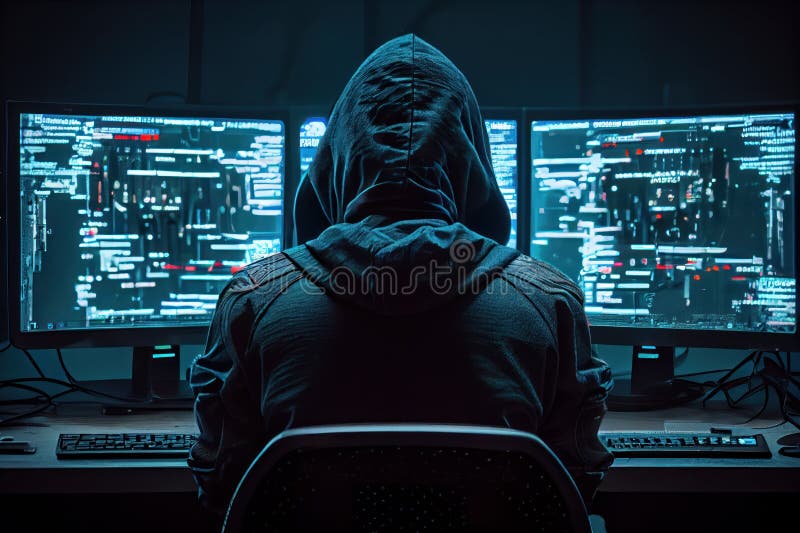 Hacker Working on Computer. Back View of Unrecognizable Man Sitting in Front of Monitor Screen ...