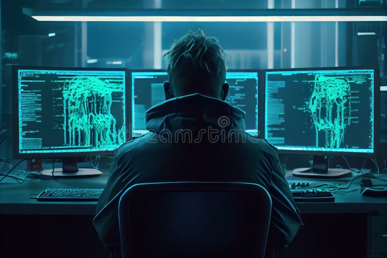 Hacker Working on Computer. Back View of Unrecognizable Man Sitting in ...