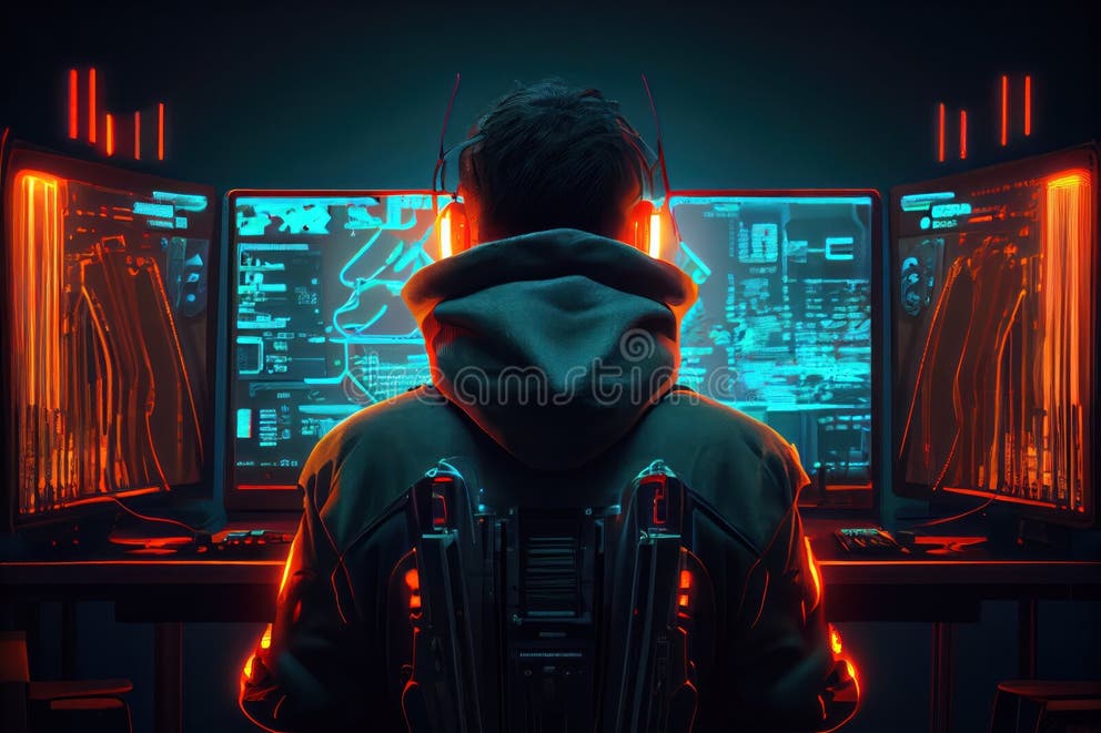 Hacker Working on Computer. Back View of Unrecognizable Man Sitting in ...