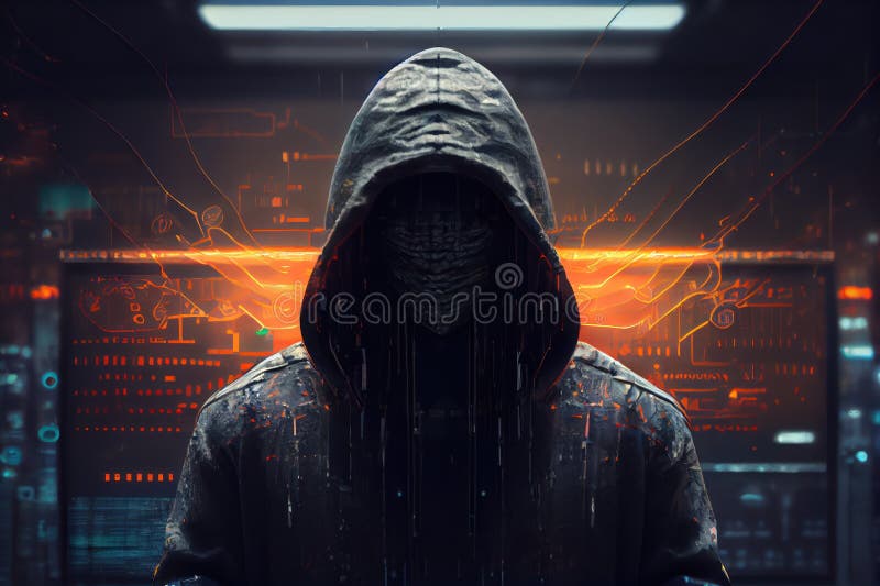 Hacker Working on Computer. Back View of Unrecognizable Man Sitting in Front of Monitor Screen ...