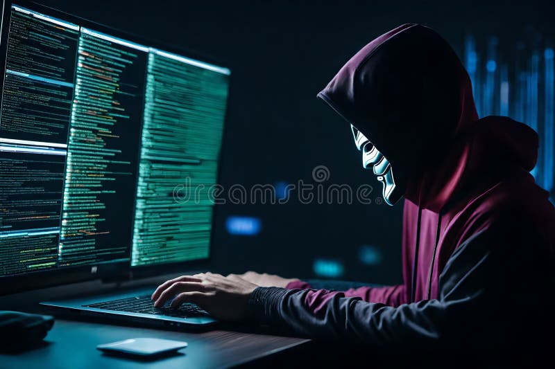 Portrait of a Hacker Working on a Computer - Generative AI Stock ...