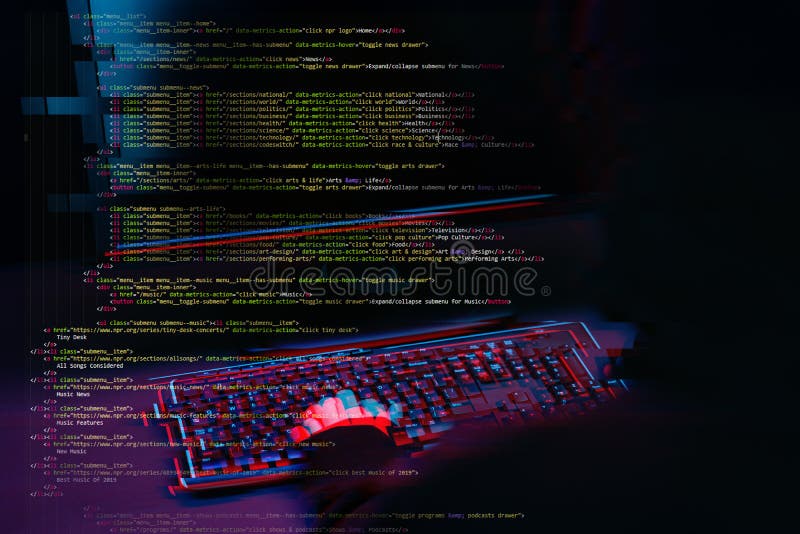 Hacker Working with Computer in Dark Room with Digital Interface Around ...