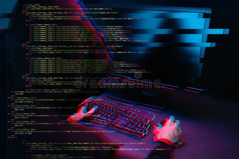 Hacker Working with Computer in Dark Room with Digital Interface Around ...