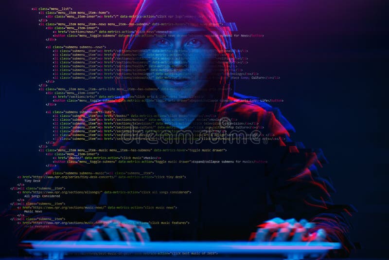 Hacker Working with Computer in Dark Room with Digital Interface Around ...