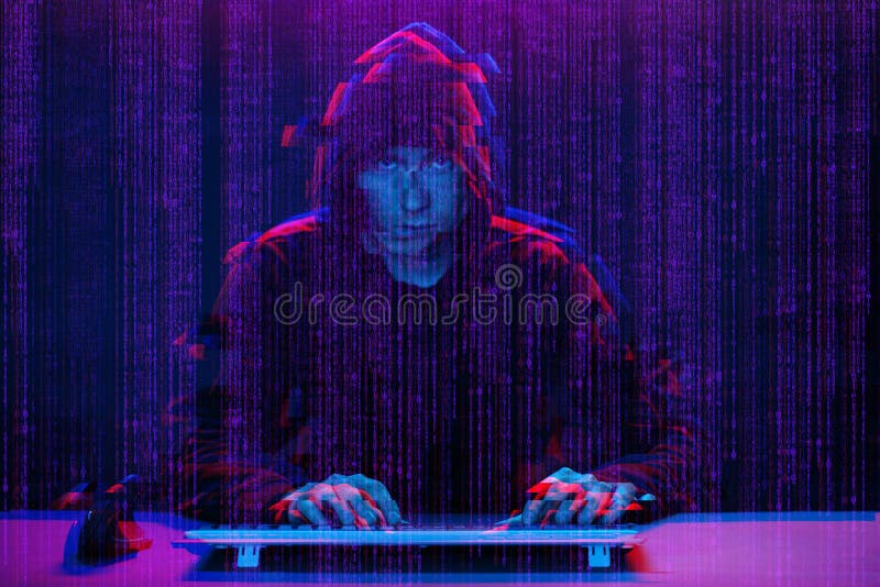 Hacker Working with Computer in Dark Room with Digital Interface Around ...