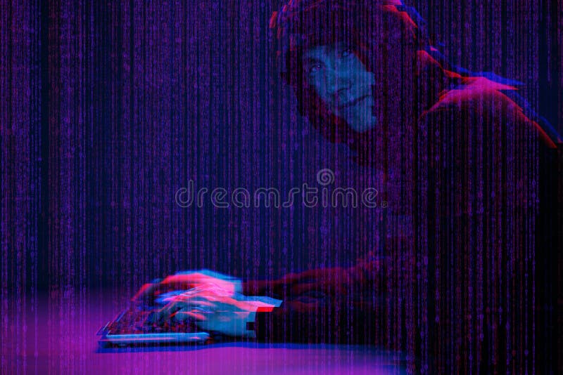 Hacker Working with Computer in Dark Room with Digital Interface Around ...