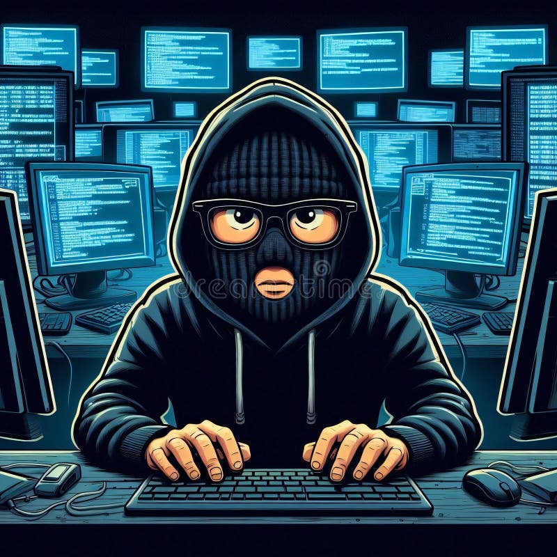 Hacker Working on Computer Online, Internet Crime Concept Illustration ...