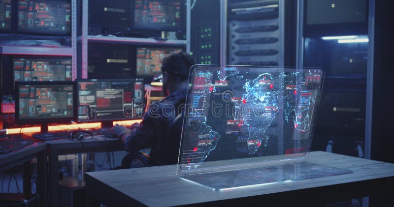Hacker Working with Futuristic Display Screen Stock Image - Image of ...