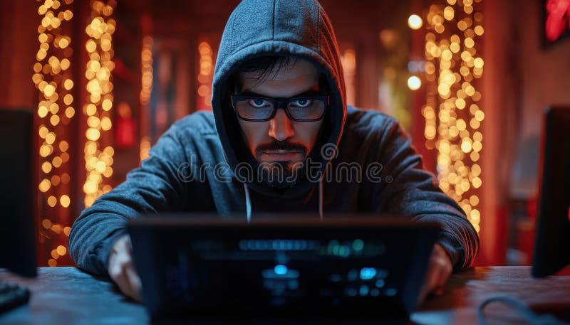 Hacker Working Intently on a Computer in a Prison Cell at Night Stock ...