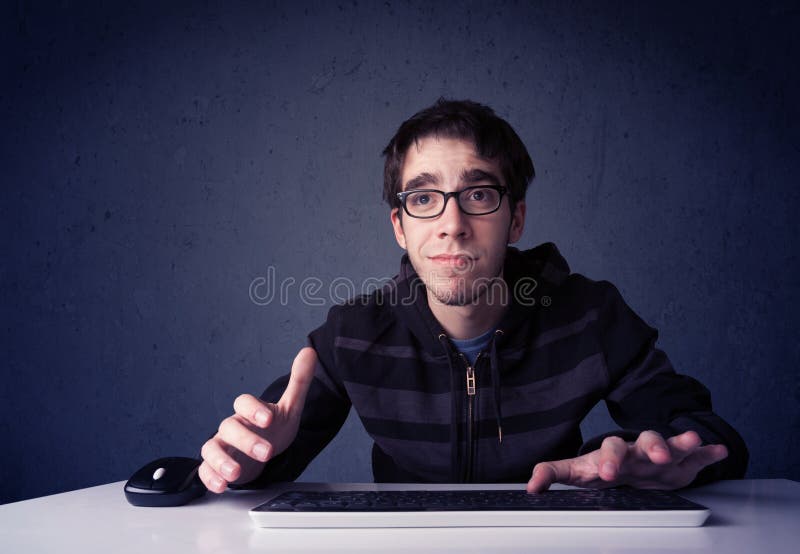 Hacker Working with Keyboard on Blue Background Stock Photo - Image of ...