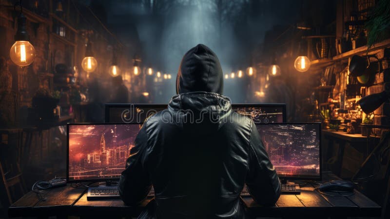 Hacker Working with Laptop in Dark Room Back. Generative AI. Stock ...