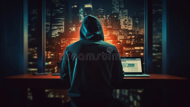 Hacker Working with Laptop in Dark Room Back View. Generative AI Stock ... Hacker Working with Laptop in Dark Room Back View. Generative AI Stock ...