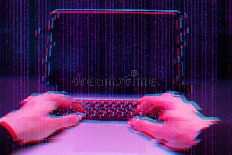 Hacker Working with Laptop in Dark Room with Digital Interface Around ...