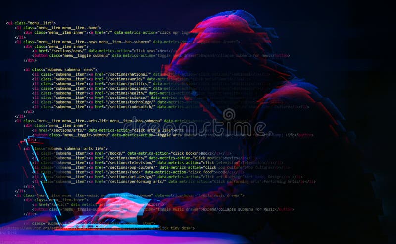 Hacker Working with Laptop in Dark Room with Digital Interface Around ...