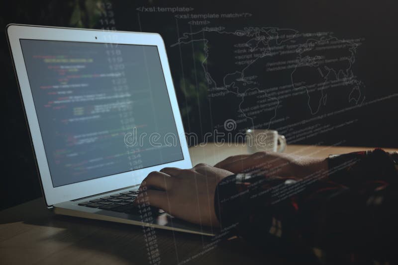 Hacker Working with Laptop at Table. Cyber Attack Stock Photo - Image ...