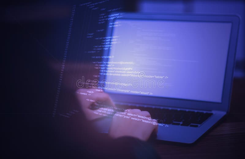 Hacker Working with Laptop at Table. Cyber Attack Stock Photo - Image ...