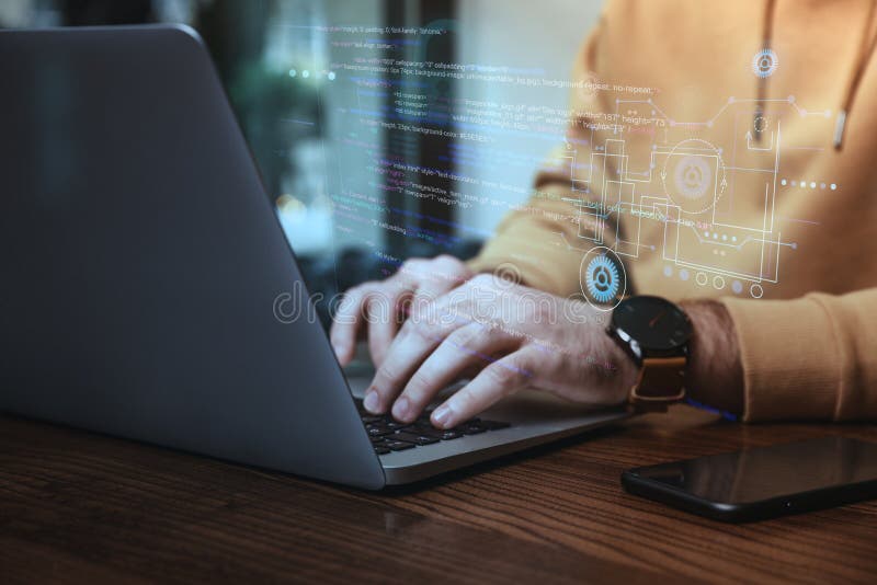 Hacker Working with Laptop at Table. Cyber Attack Stock Image - Image ...