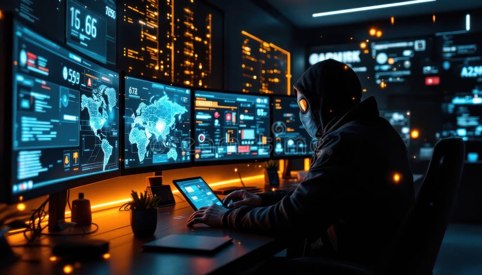 Hacker Working Late in a Dark Room with Multiple Screens Stock Image ...