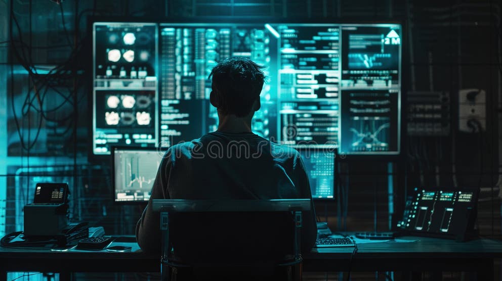 Cybersecurity Specialist Burning Midnight Oil Stock Illustration ...