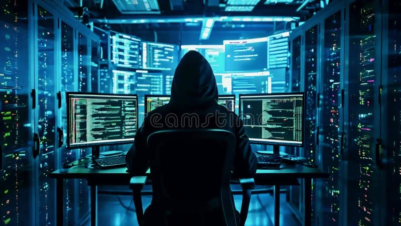 Hacker Working Late at Night in a Server Room, Surrounded by Glowing Computer Screens Displaying ...