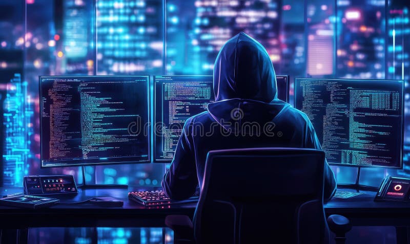 High Tech Hacker Workstation Multiple Screens Stock Photos - Free ...