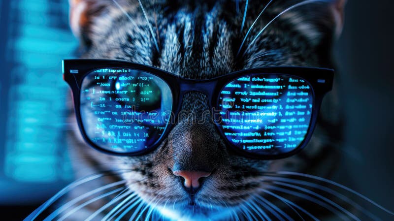 Hacker Works in Dark Room, Cat Wearing Glasses Uses Computer. Concept ...