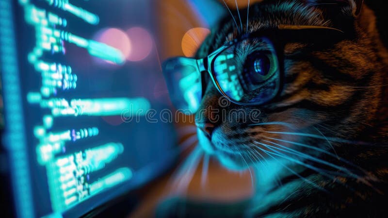 Hacker Works in Dark Room, Cat Wearing Glasses Uses Computer. Concept ...